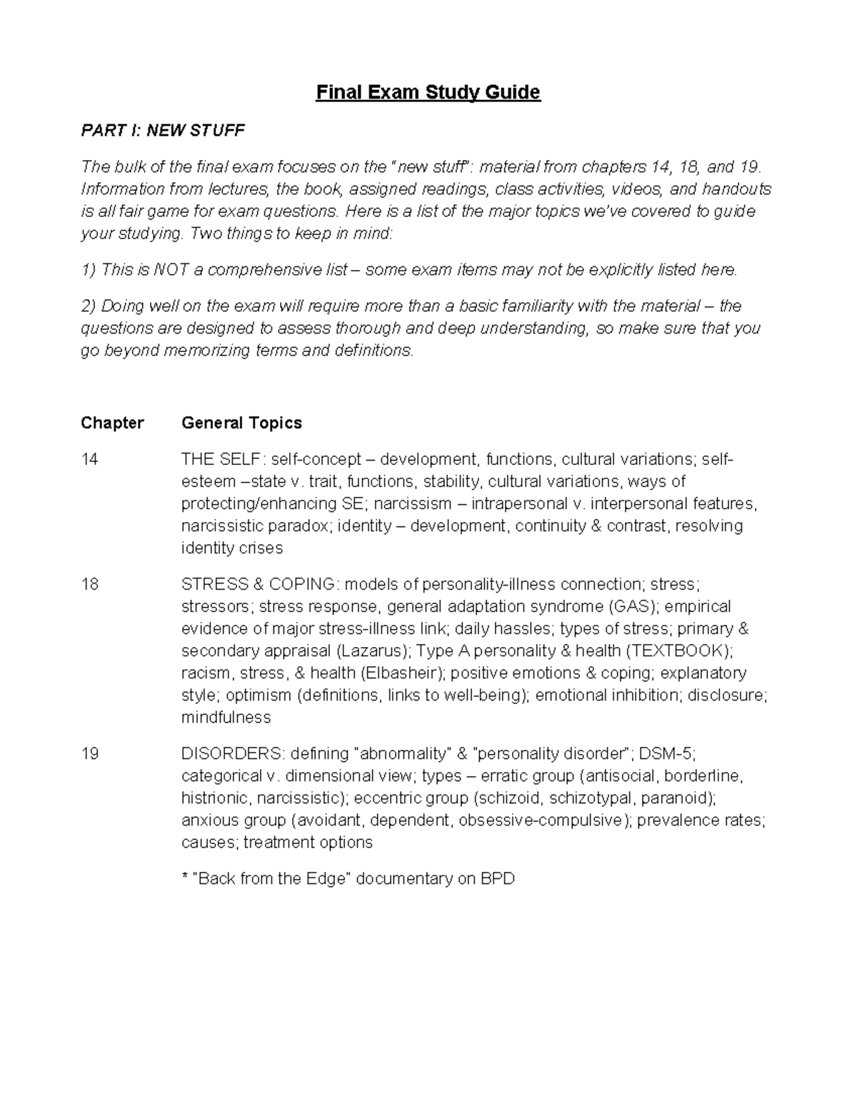 Final Exam Study Guide - Final Exam Study Guide PART I: NEW STUFF The ...