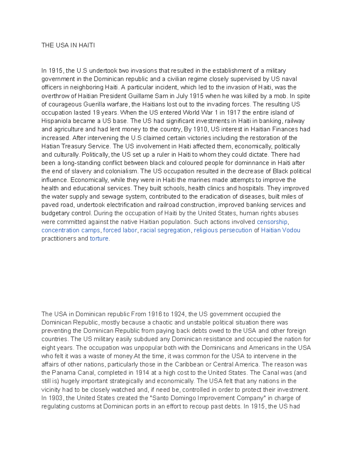 THE USA IN Haiti - caribbean history - THE USA IN HAITI In 1915, the U ...