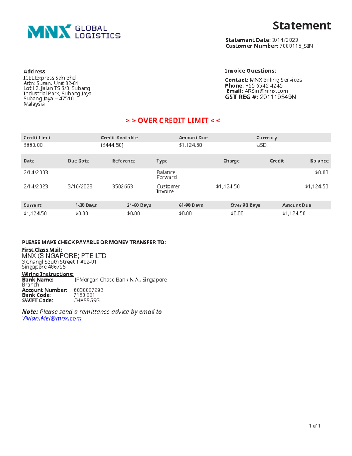 SOA MNX SIN ICEL - Test - Statement Statement Date: 3/14/ Customer ...
