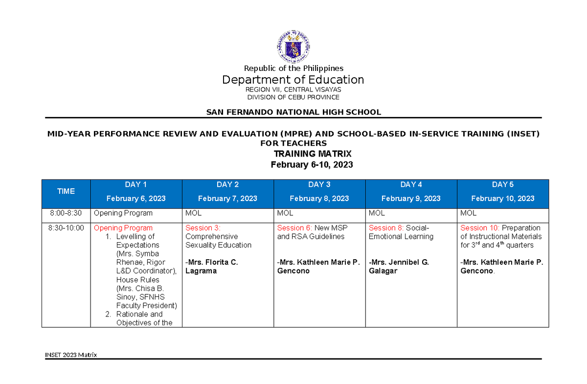 Training Matrix mid year inset - Department of Education REGION VII ...