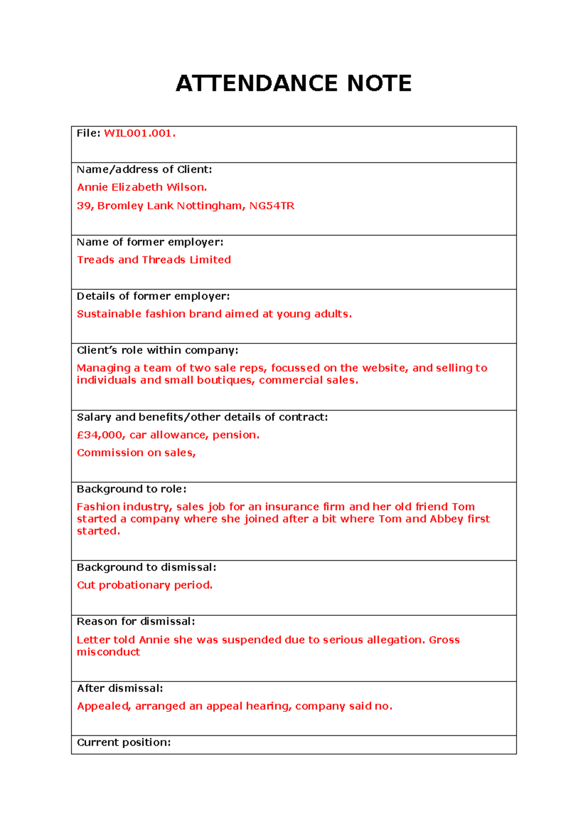 Attendance NOTE Template - ATTENDANCE NOTE File: WIL001. Name/address of Client: Annie Elizabeth ...