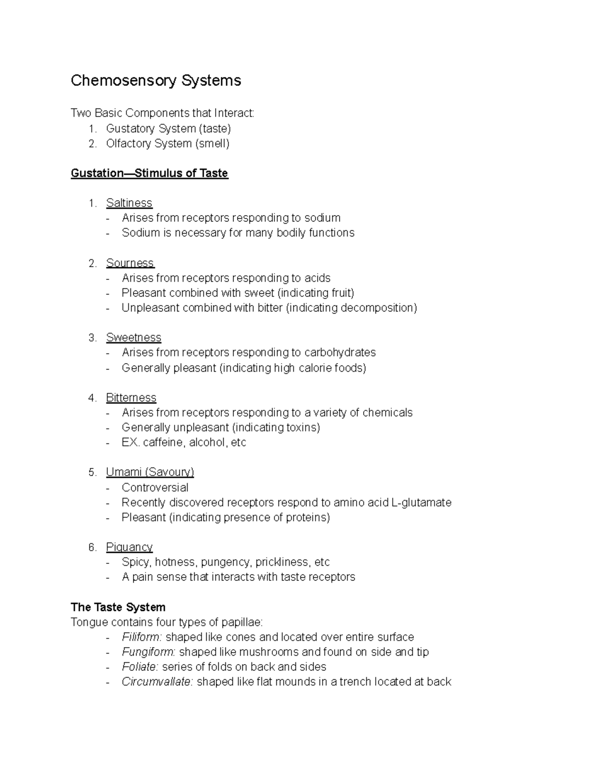 Chemosensory Systems - notes winter semester - Chemosensory Systems Two ...