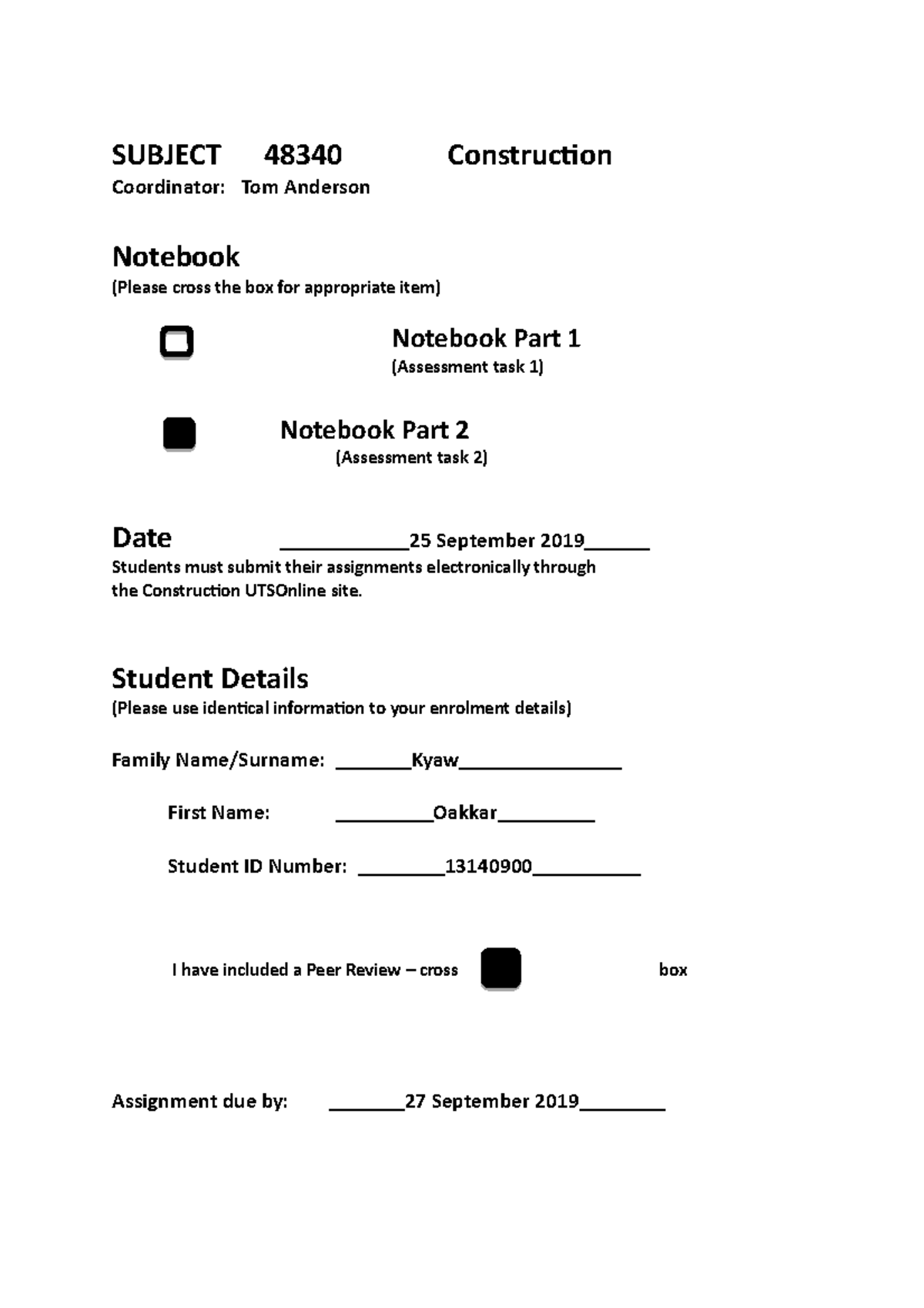Construction Notebook 2 - SUBJECT 48340 Construction Coordinator: Tom ...