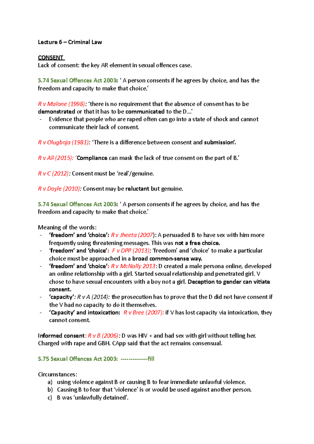 Consent Lecture 6 - Lecture 6 – Criminal Law CONSENT Lack of consent ...