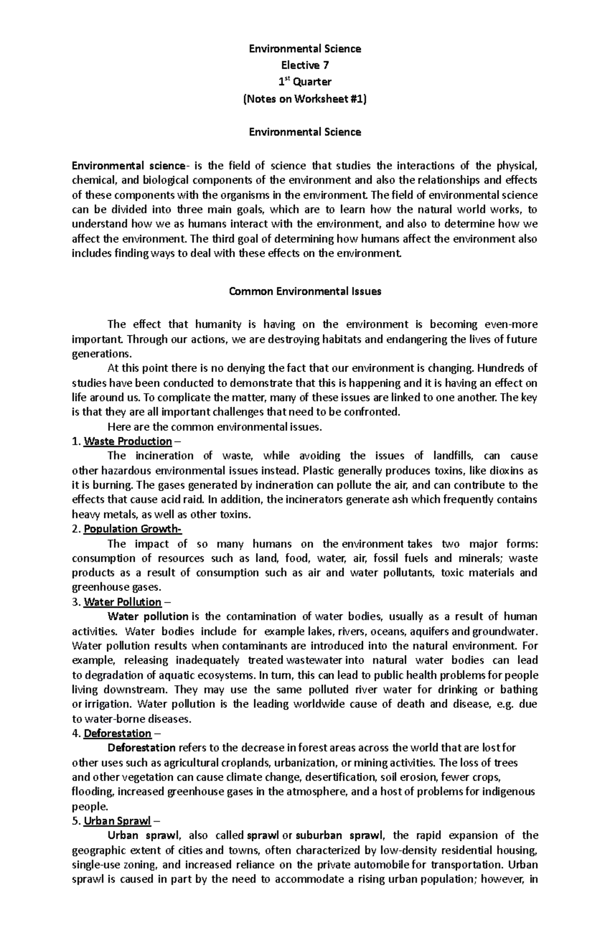 1st Q Worksheet 1 Common Environmental Issues - Environmental Science ...