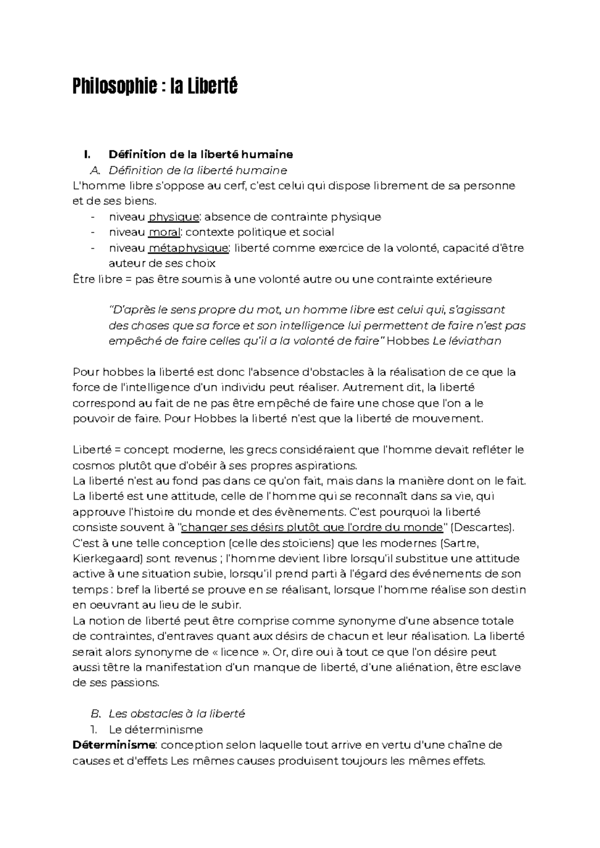 Philo la liberté - Philosophie : la Liberté I. Définition de la liberté ...