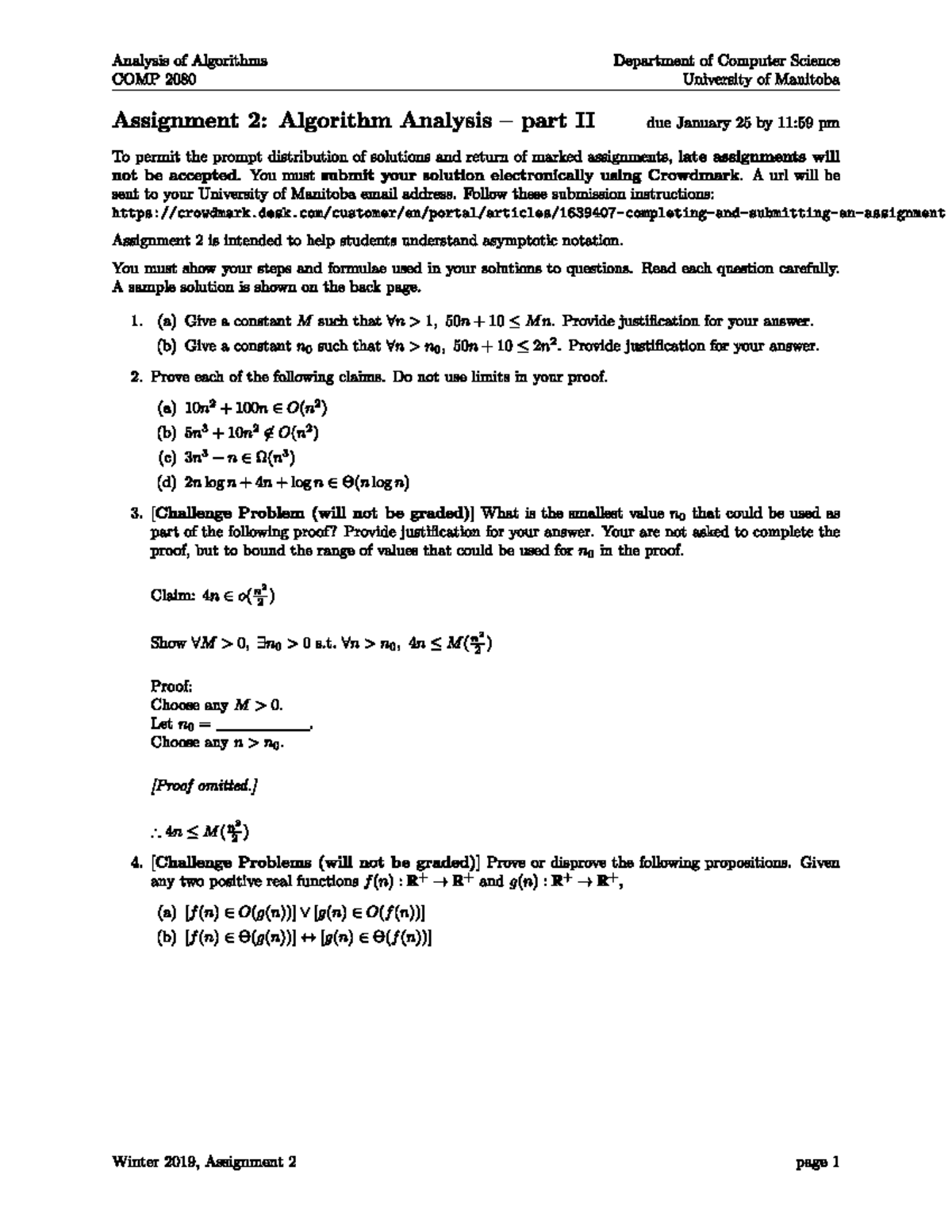 A2 - go through it properly - Analysis of Algorithms Department of Computer Science COMP 2080 ...