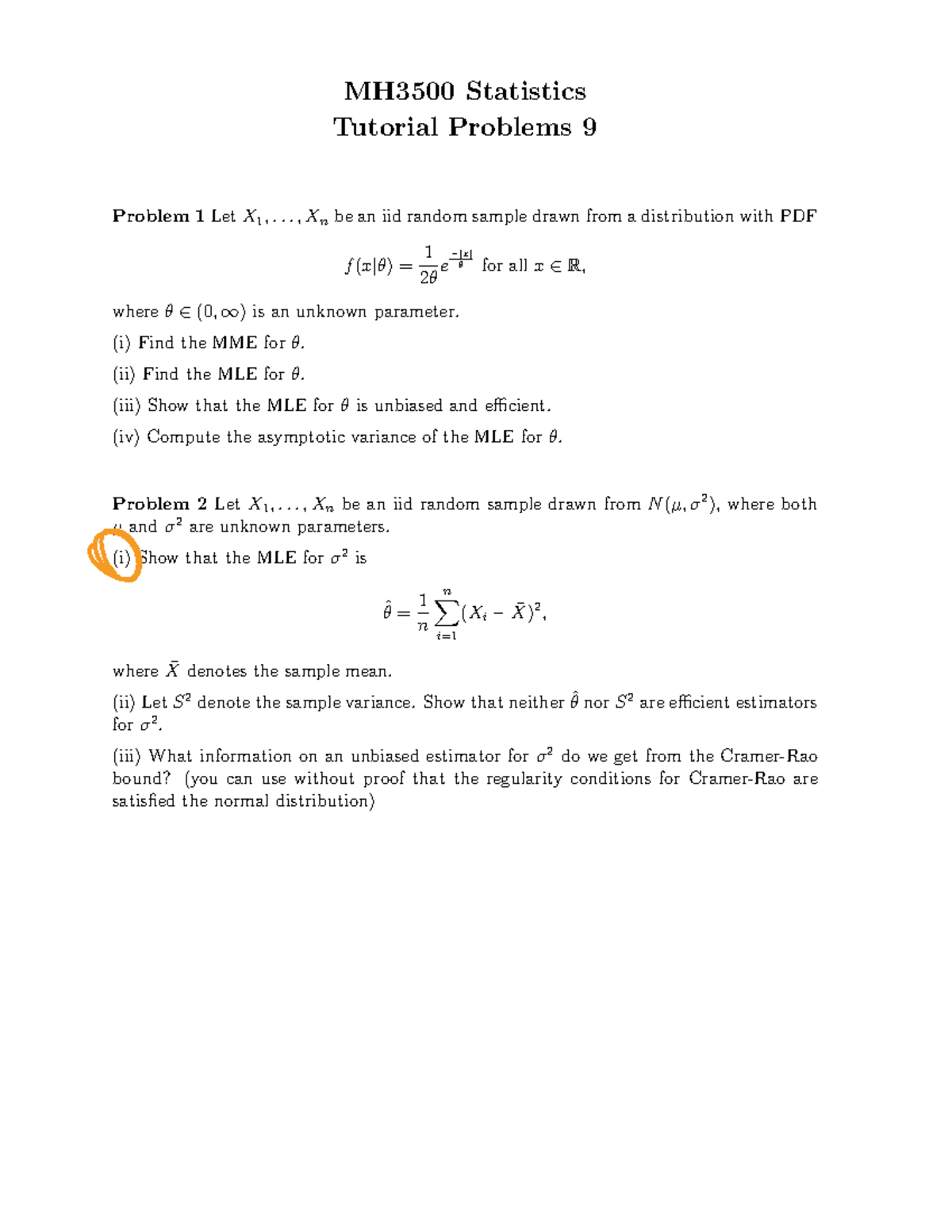 Tutorial 9 MH3500 Notes - MH3500 Statistics Tutorial Problems 9 Problem ...