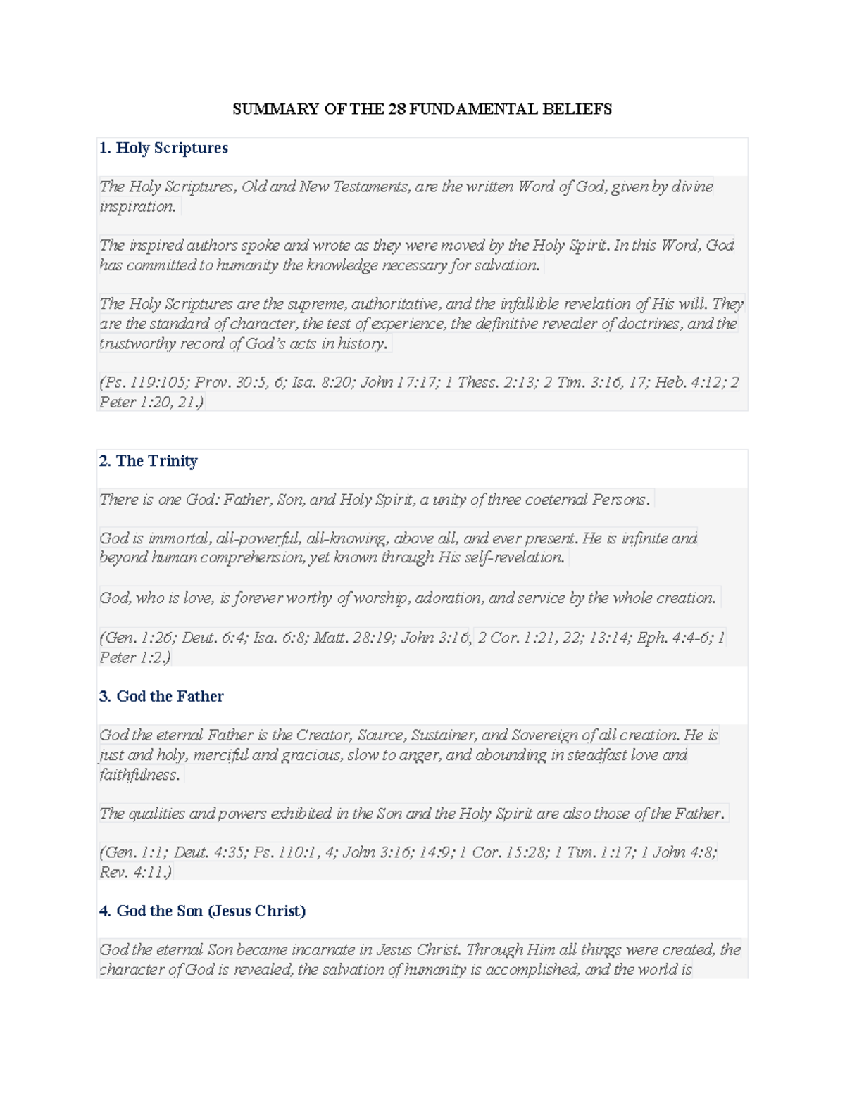 28 Fundamental Beliefs Summary - SUMMARY OF THE 28 FUNDAMENTAL BELIEFS ...