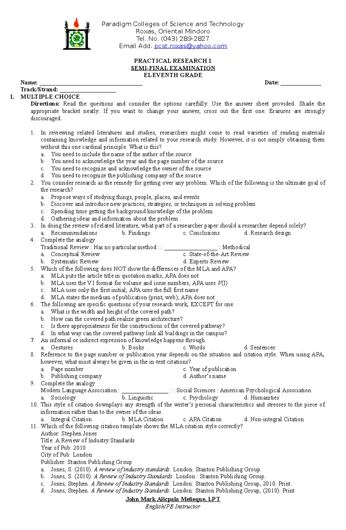 Semi-Final-Examination - Paradigm Colleges of Science and Technology ...
