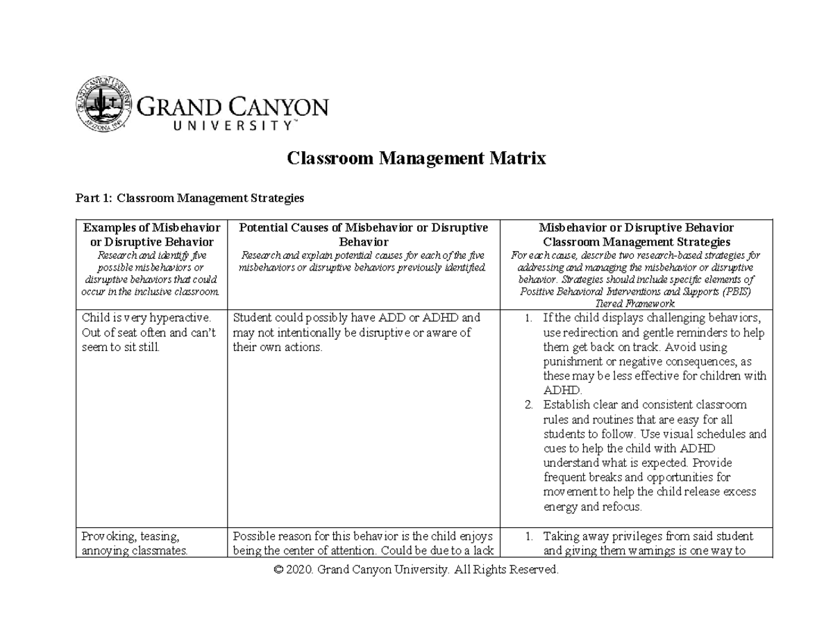 SPD-200 Classroom Management Matrix Complete - Classroom Management ...