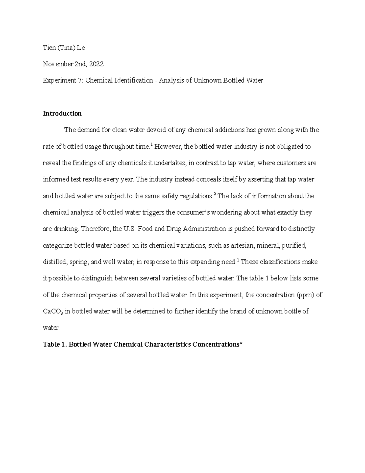 Full Lab Report 1 - Analysis of Unknown Bottled Water - Tien (Tina) Le ...