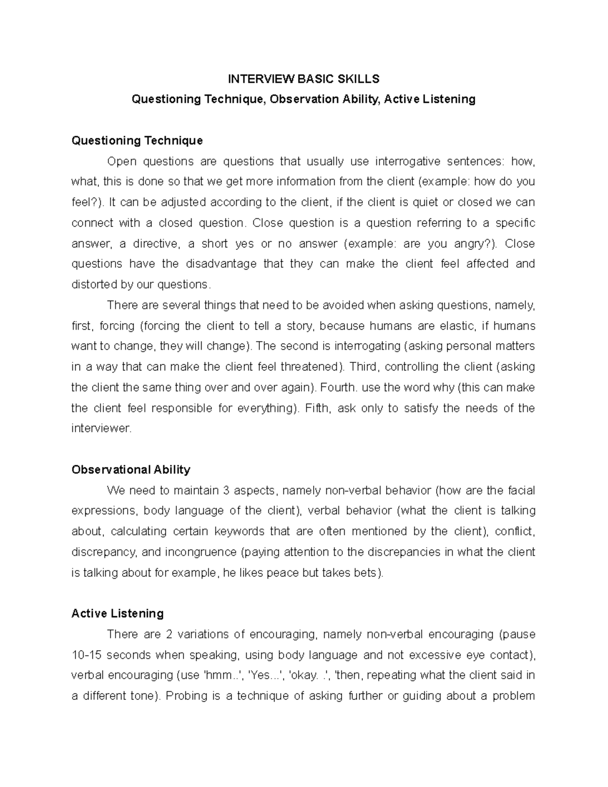 Lecture notes Questioning Technique, Observation Ability, Active ...