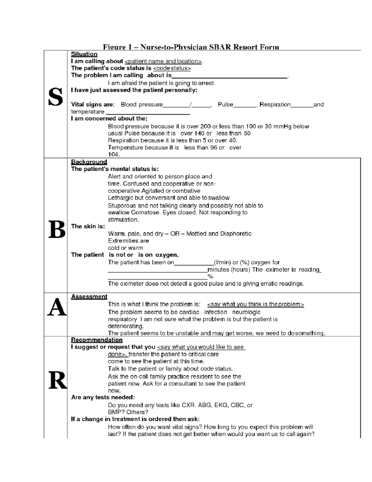 SBAR - Sbar - Figure 1 SBAR Report Form Situation am calling about name ...