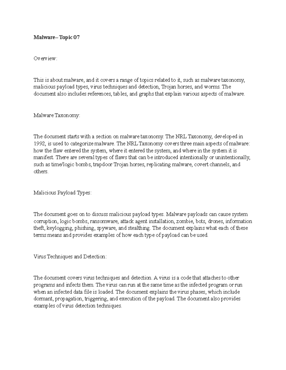 Topic 07 - Detailed Summarized notes for security class - Malware ...