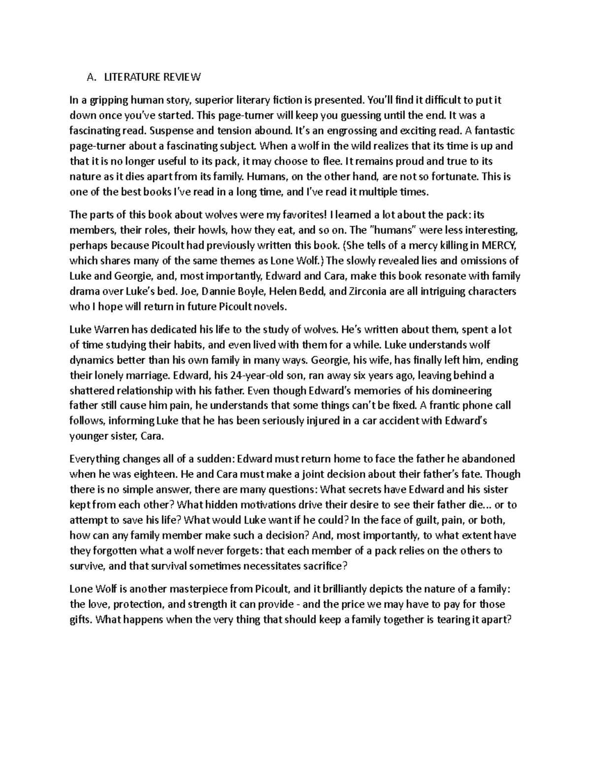 FILI Worksheet 3 - Book review and literary review - A. LITERATURE ...