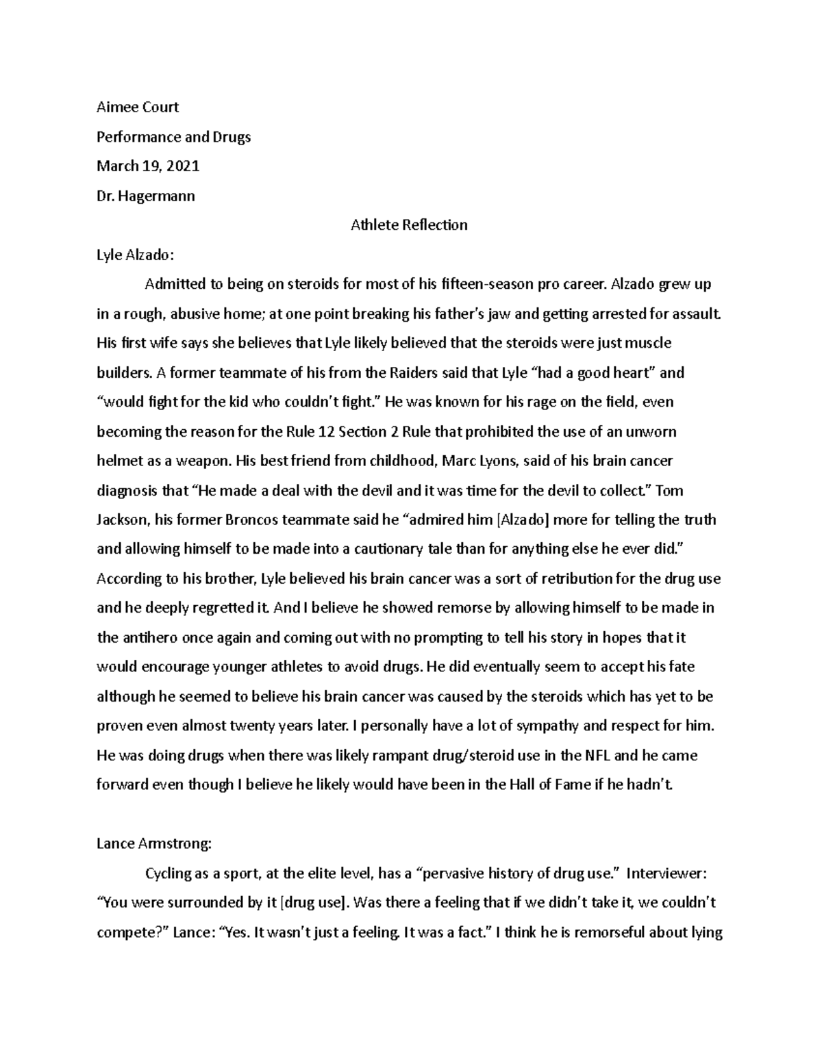 Athlete reflection - Hagerman - Aimee Court Performance and Drugs March ...