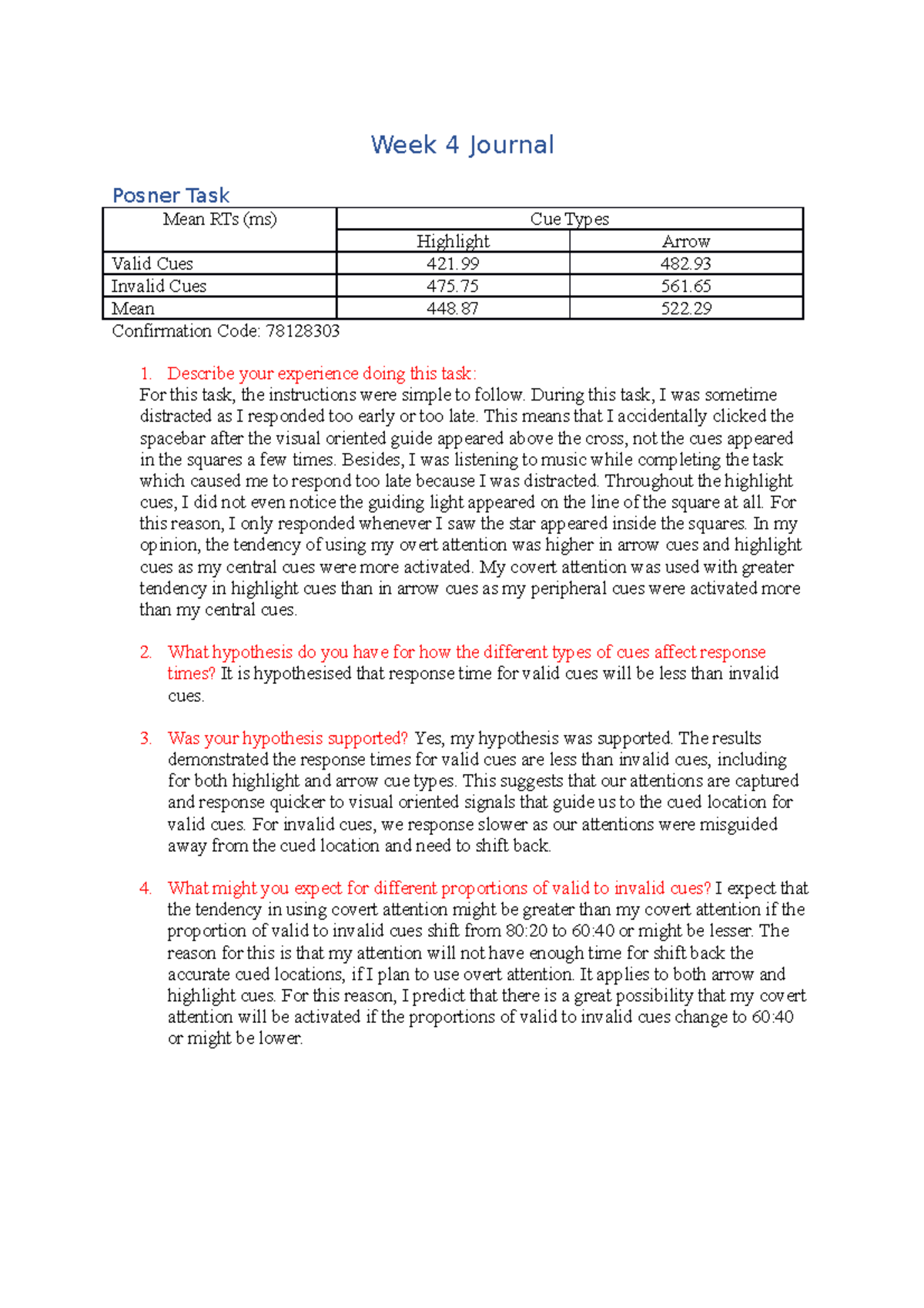 Week 4 Journal - Cognitive Neurons - Week 4 Journal Posner Task Mean ...