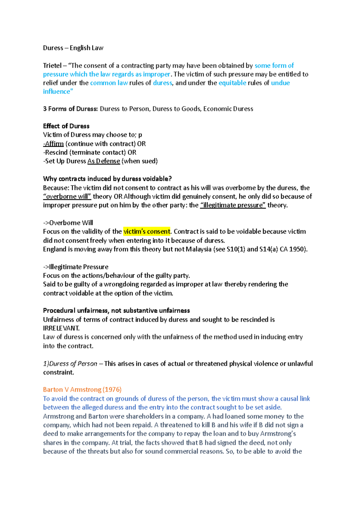 Duress Notes - English Law - Duress – English Law Trietel – “The ...