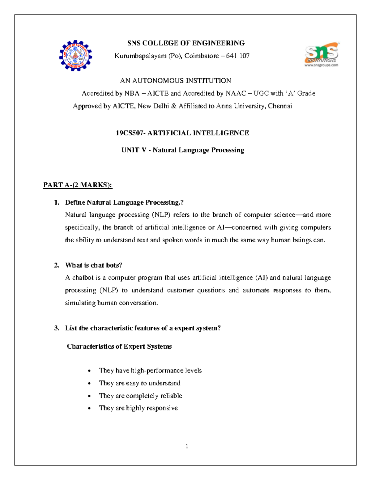 UNIT 5 - Sbdbdjdbssnss - 19CS507- ARTIFICIAL INTELLIGENCE UNIT V ...