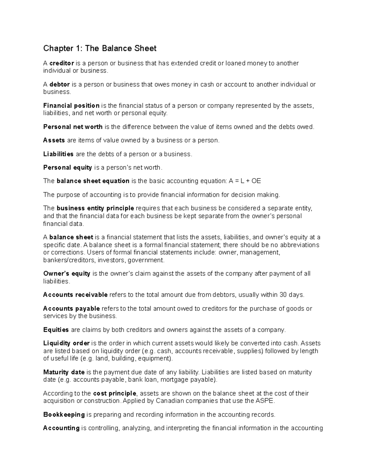 Accounting Exam Review - Chapter 1: The Balance Sheet A creditor is a ...