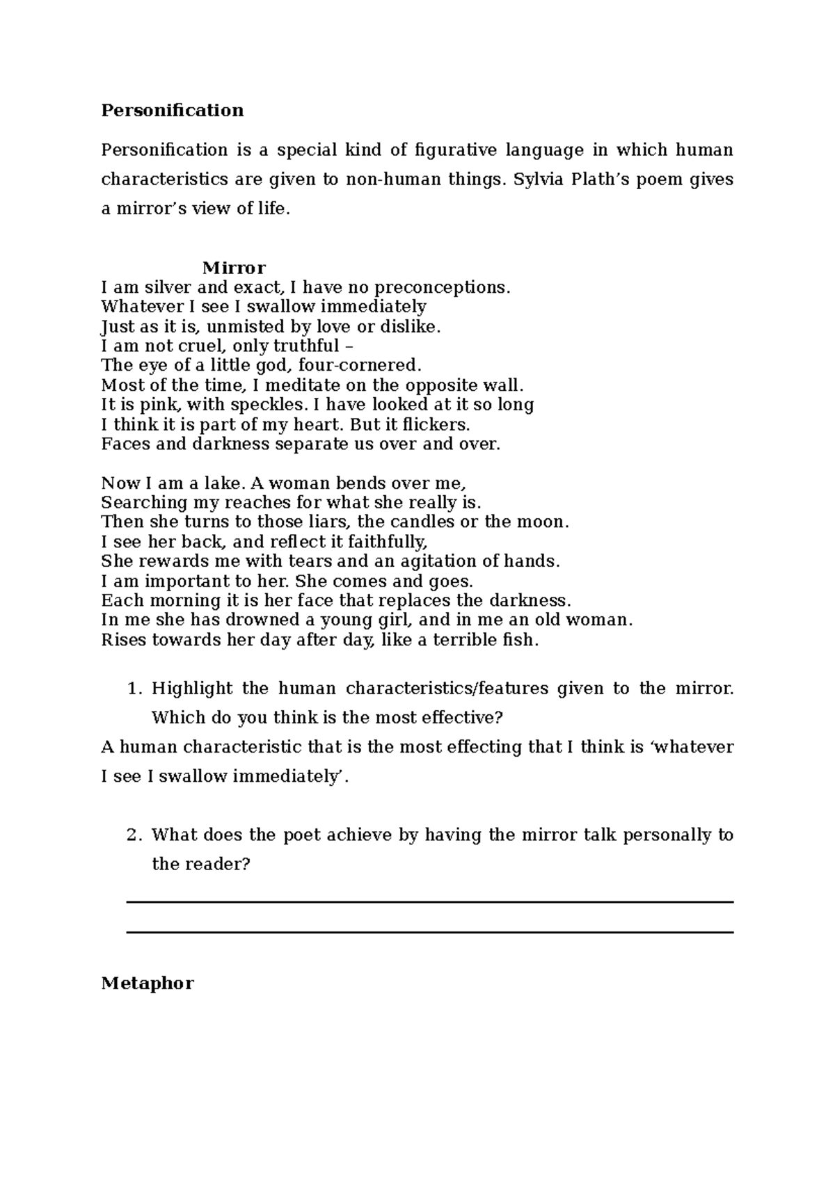 Poetry Booklet Part 2 - 2021 - Personification Personification is a ...