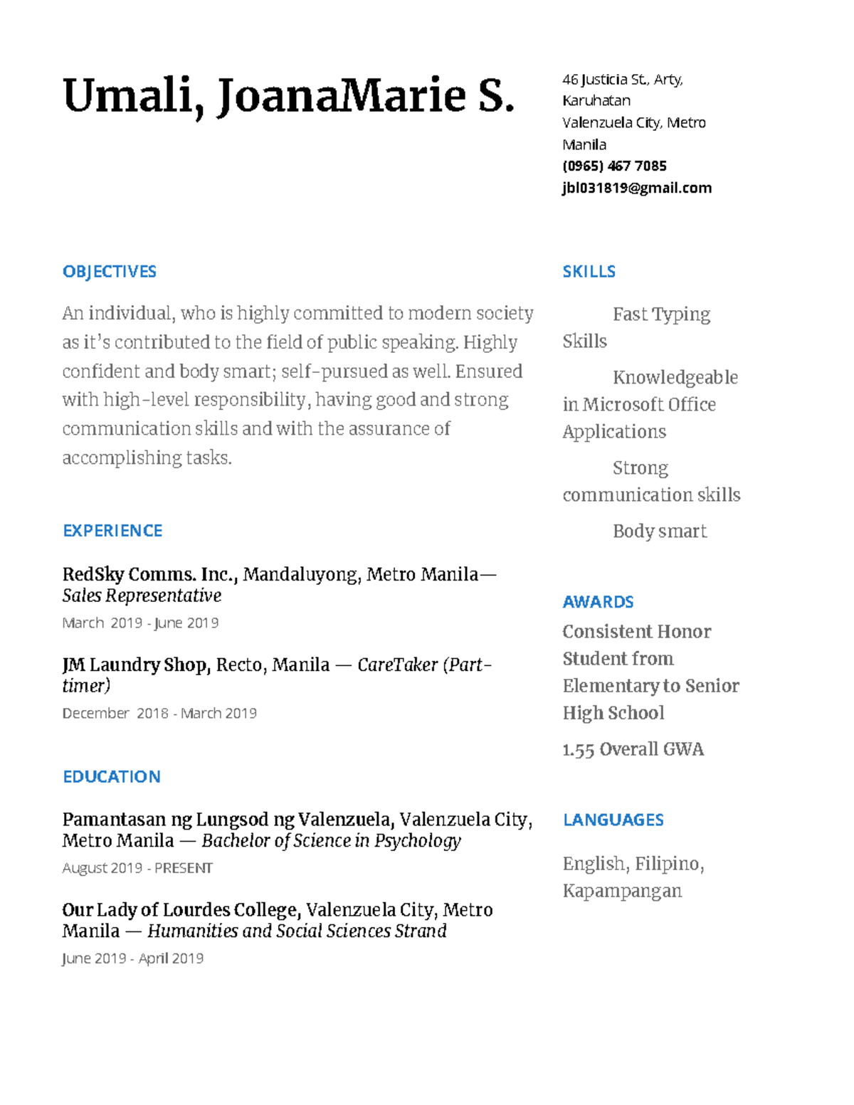 Resume - Updated (1) - Umali, JoanaMarie S. 46 Justicia St., Arty ...
