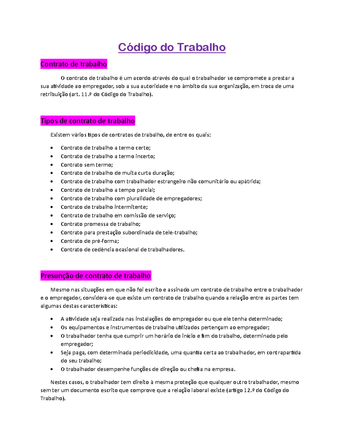 Codigo do trabalho - Resumo - Código do Trabalho Contrato de trabalho O ...