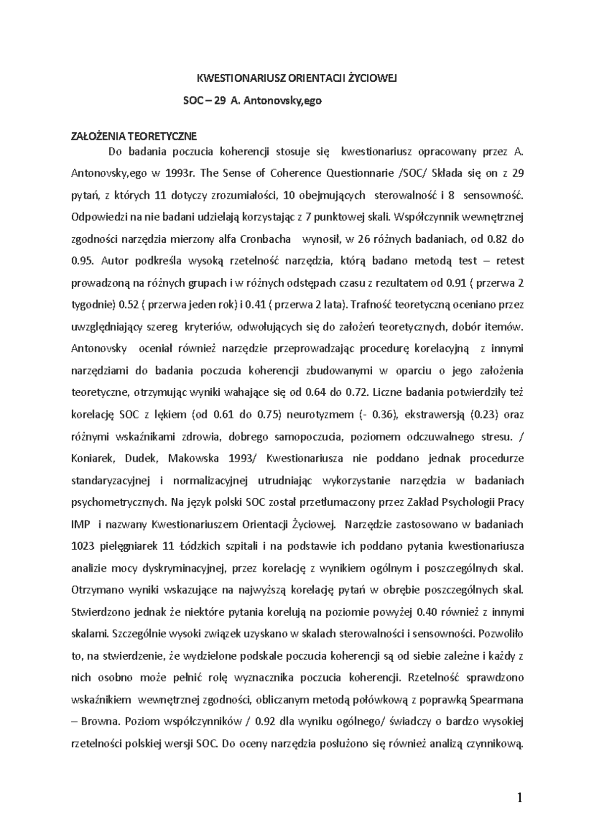 Kwestionariusz SOC-29 I Normy stenowe dla Kwestionariusza SOC Antonovsky - KWESTIONARIUSZ ...