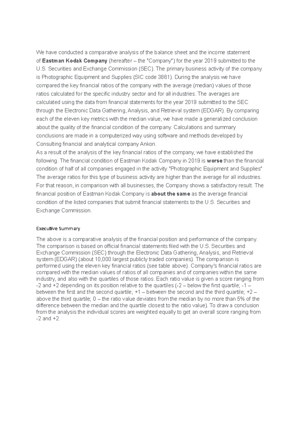 Executive Summary - STOCK VALUATION - We have conducted a comparative ...