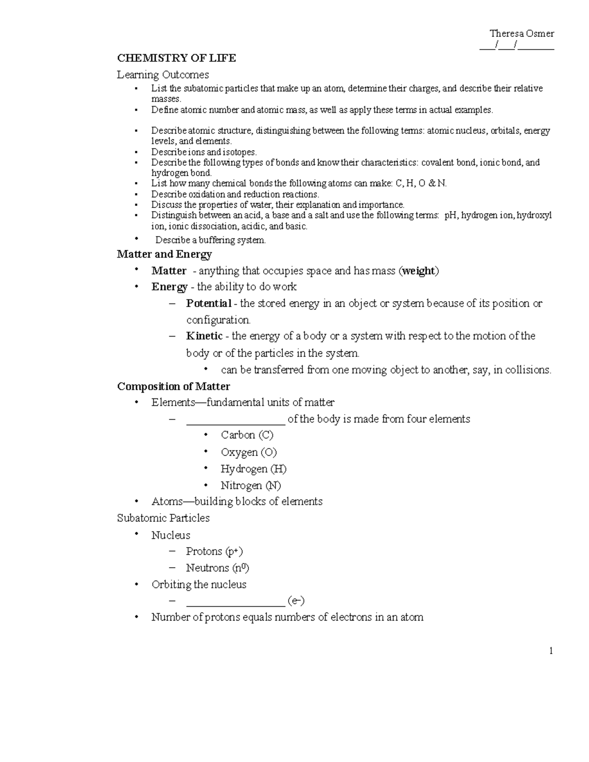Chapter 2 - Chemistry Notes - //_______ CHEMISTRY OF LIFE Learning ...