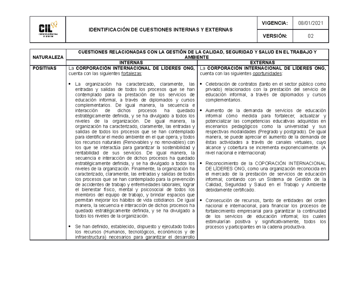 Identificación de Cuestiones Internas y Externas CIL ONG ...