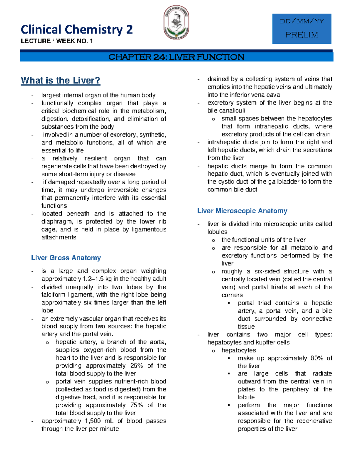 Module 2 Liver Functions - Clinical Chemistry 2 LECTURE / WEEK NO. 1 ...