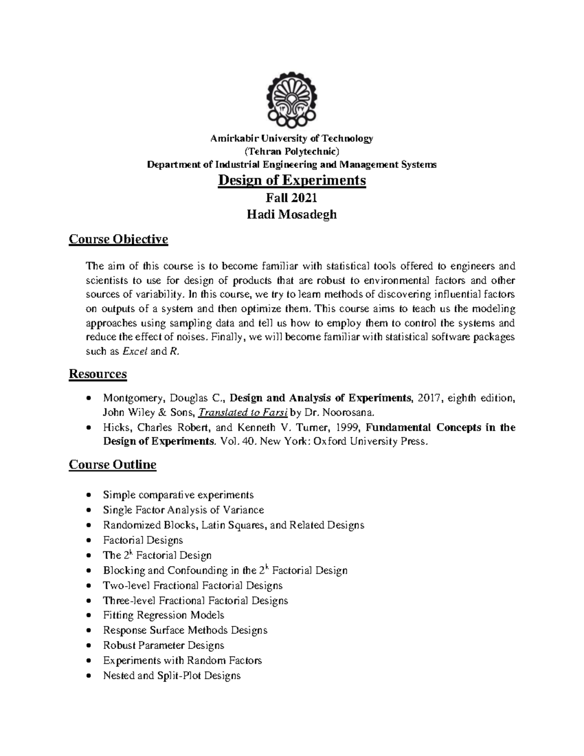 Design Of Experiments 001-Course Plan - Amirkabir University of ...