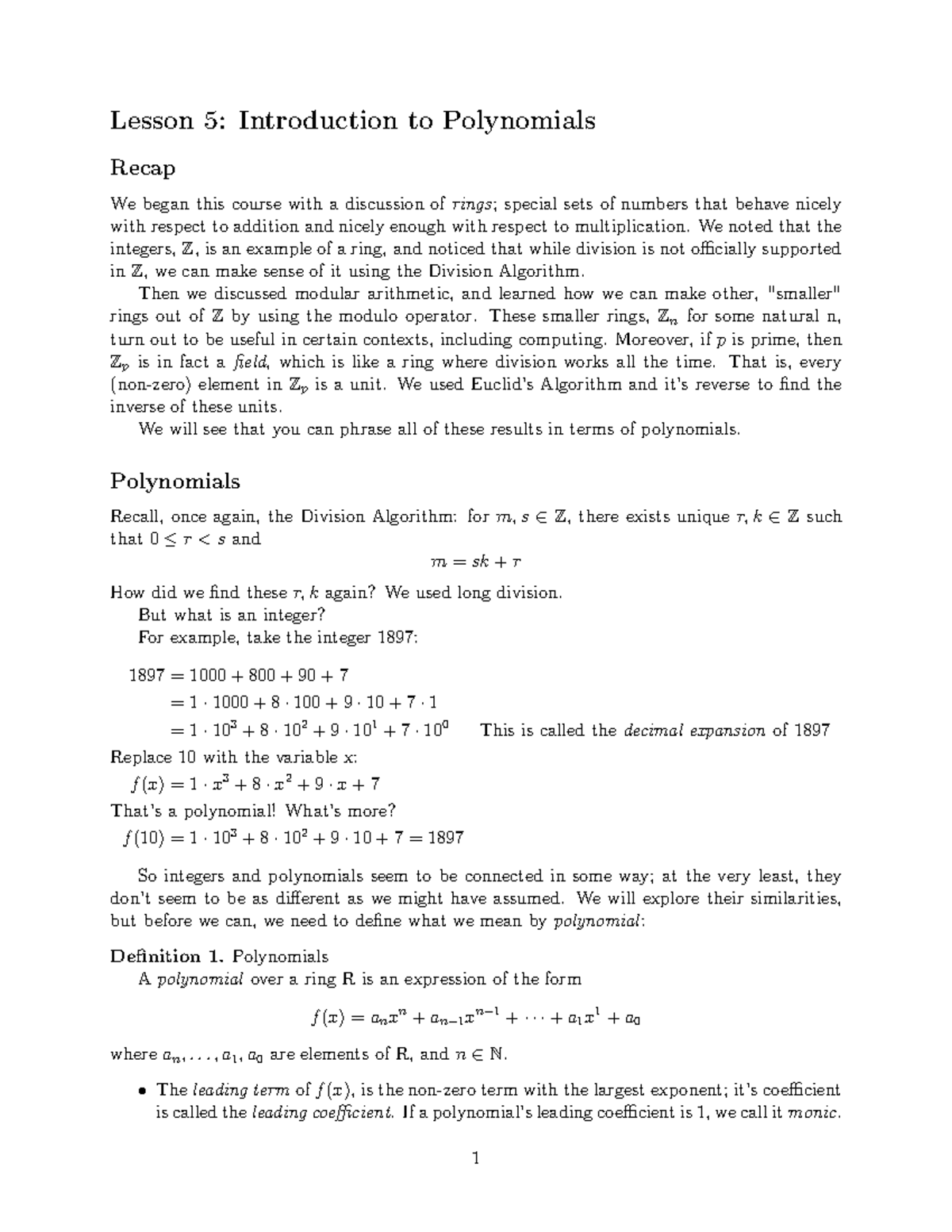 A&T ~ Lesson 5; Intro to Polynomials - Lesson 5: Introduction to ...