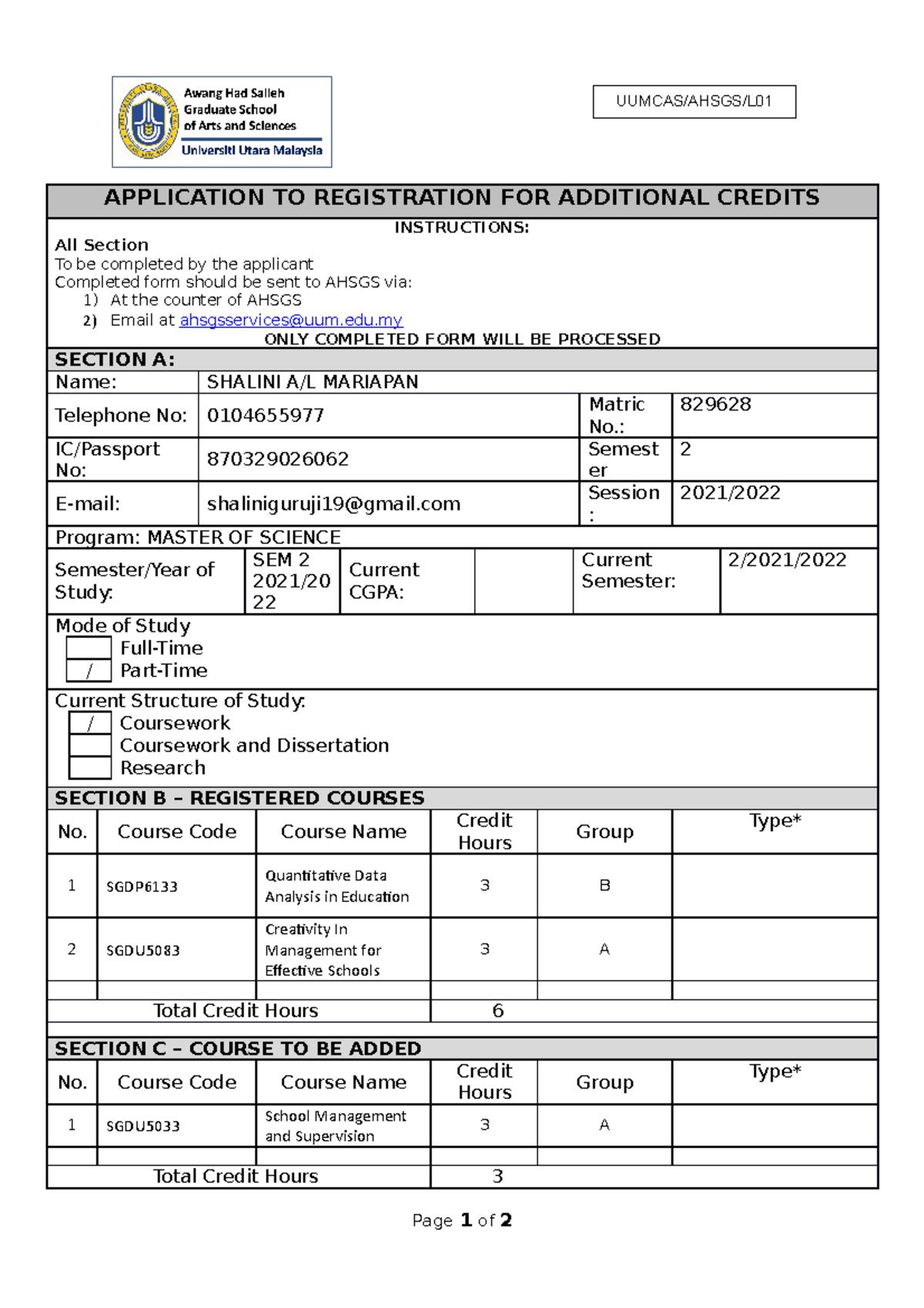 Application to registration for additional credits Shalini Mariapan ...
