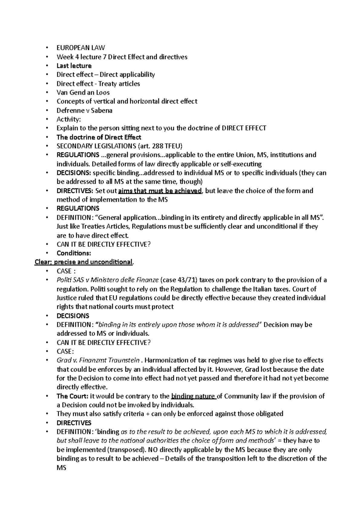 Eu Law Lecture 8 • European Law Week 4 Lecture 7 Direct Effect And Directives Last Lecture