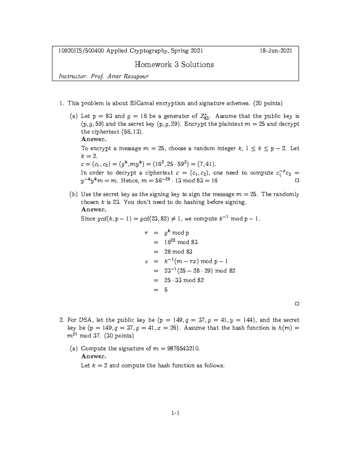 Solutions HW3 - finak - 10920IIS/500400 Applied Cryptography, Spring 2021 18-Jun- Homework 3 ...