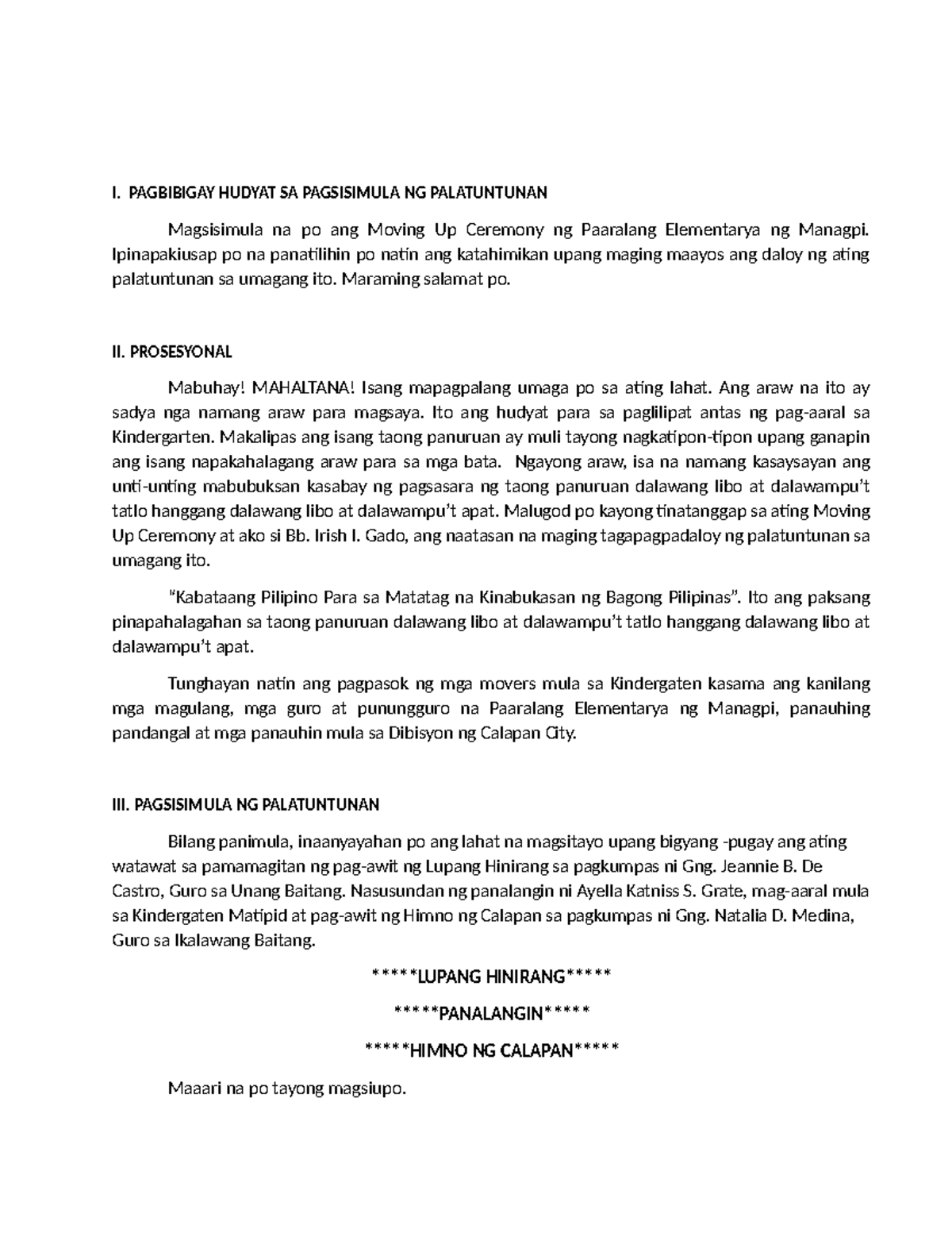 Script for graduation - I. PAGBIBIGAY HUDYAT SA PAGSISIMULA NG ...