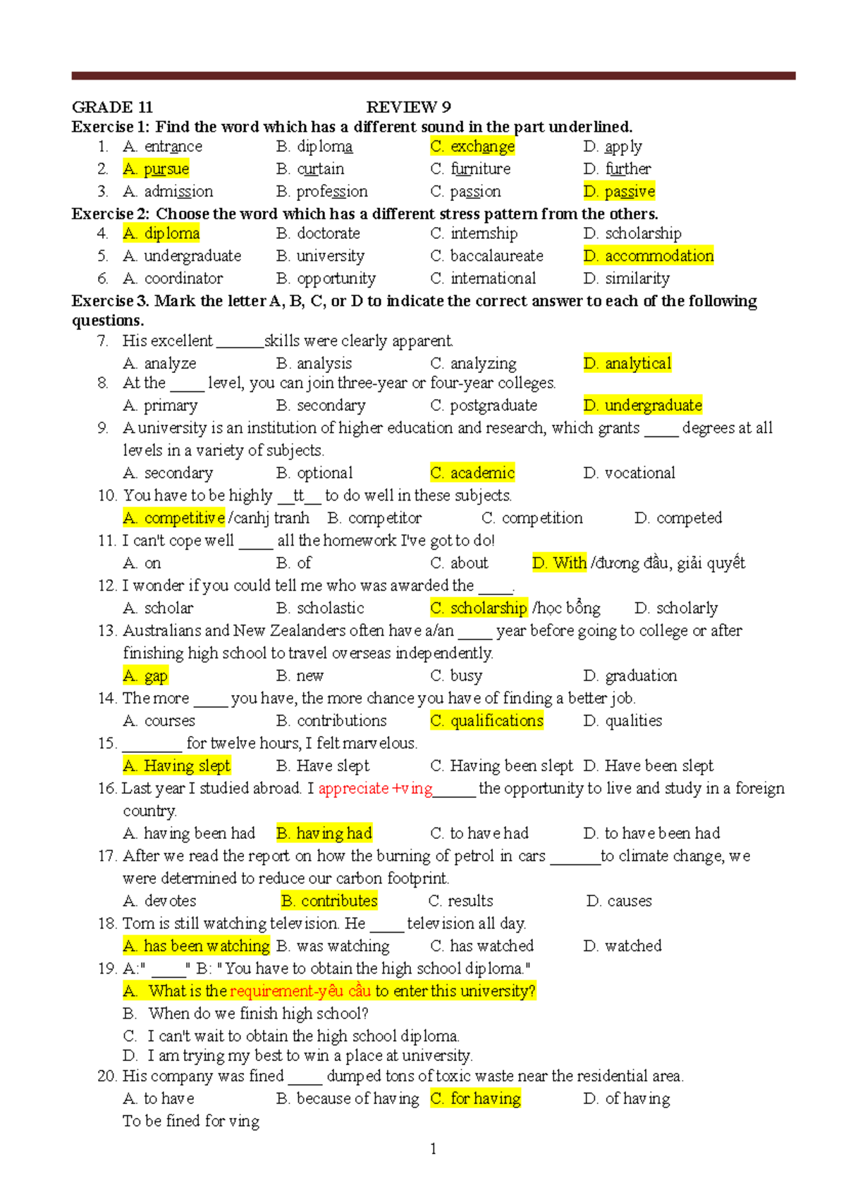 Grade-11- Review-9 - hftyyt - GRADE 11 REVIEW 9 Exercise 1: Find the ...