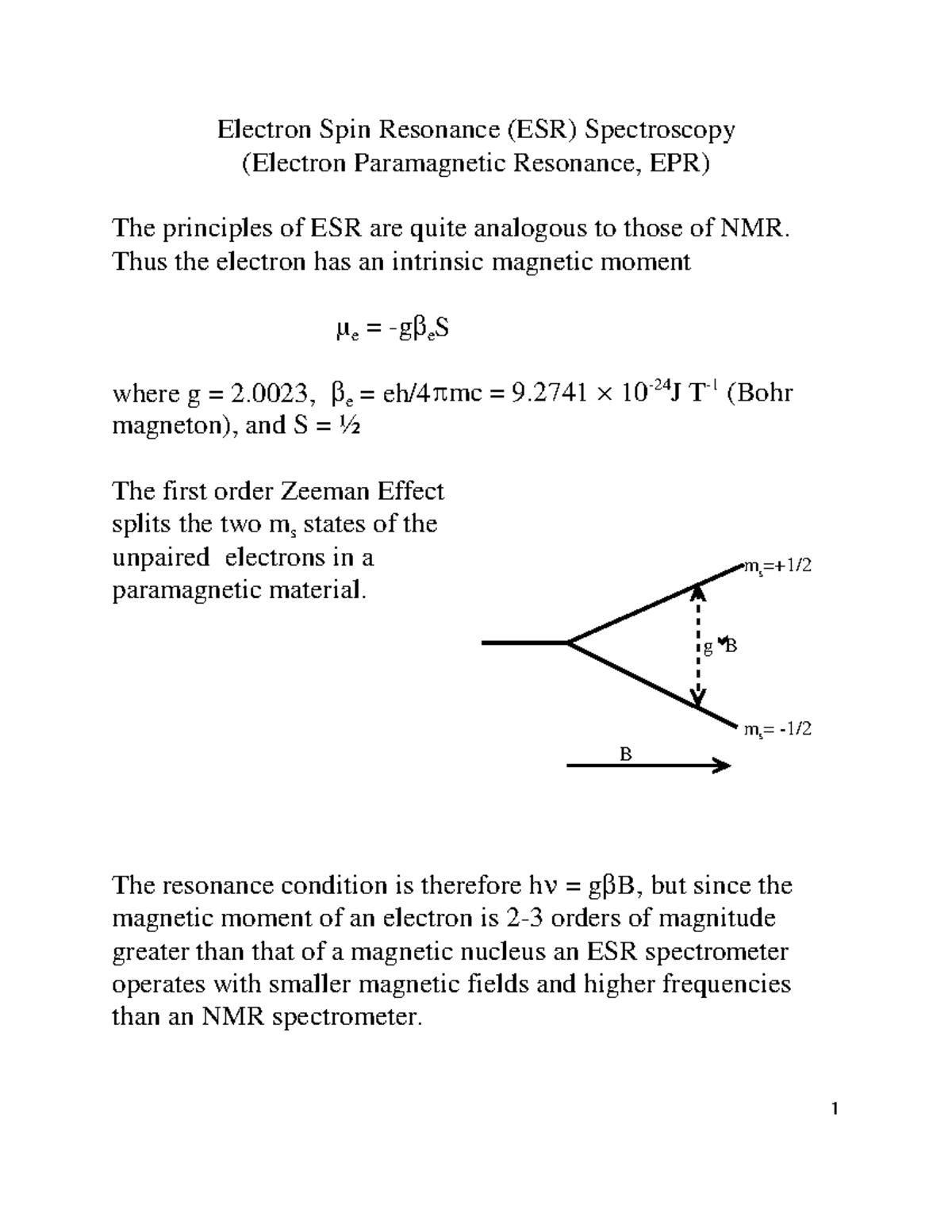 Esr01 - ms =+1/ ms = -1/ g B B Electron Spin Resonance (ESR ...