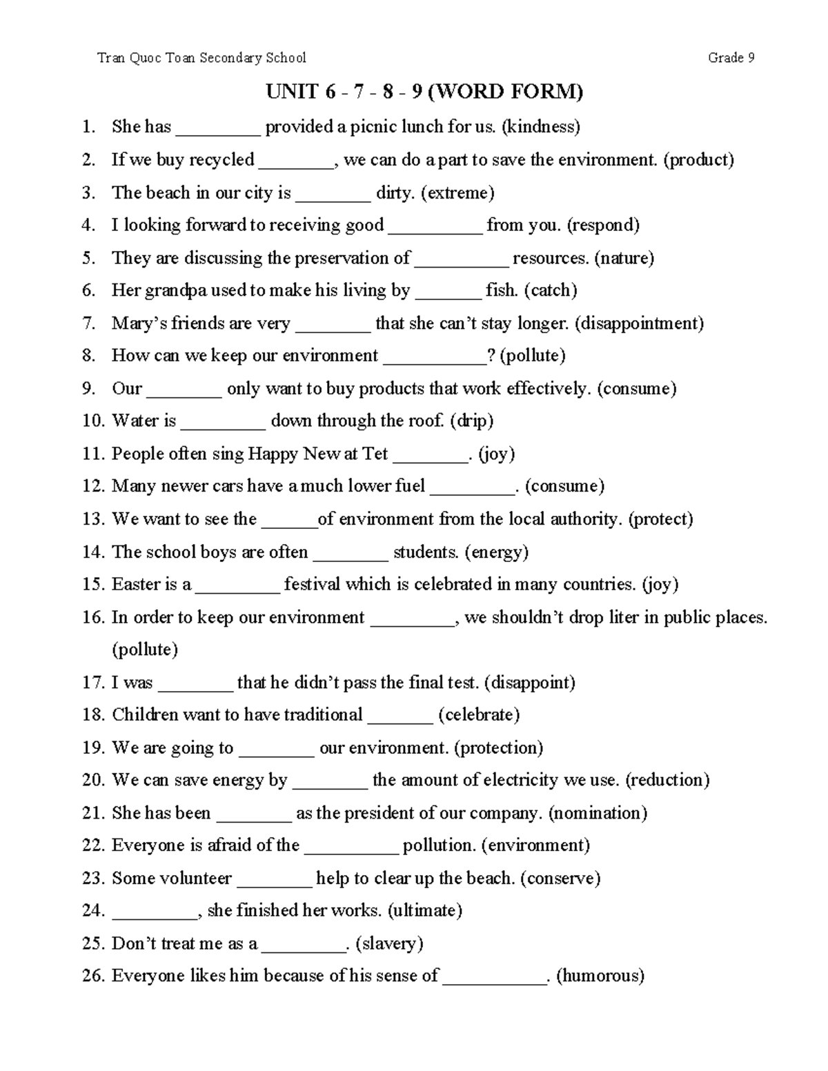 Unit 6 7 8 9 word form - GRADE 9 - UNIT 6 - 7 - 8 - 9 (WORD FORM) She ...