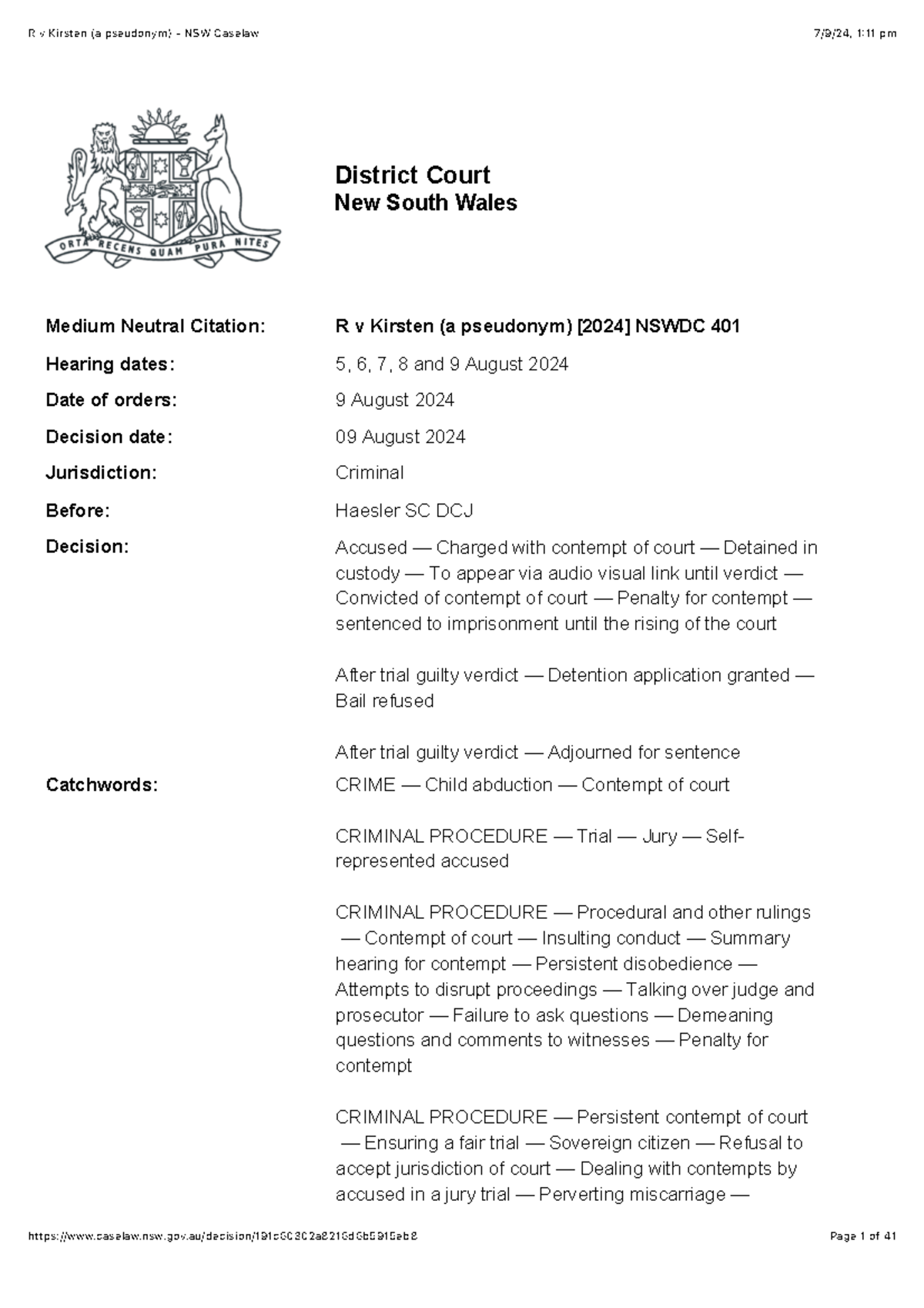 R v Kirsten (a pseudonym) - NSW Caselaw - Medium Neutral Citation ...
