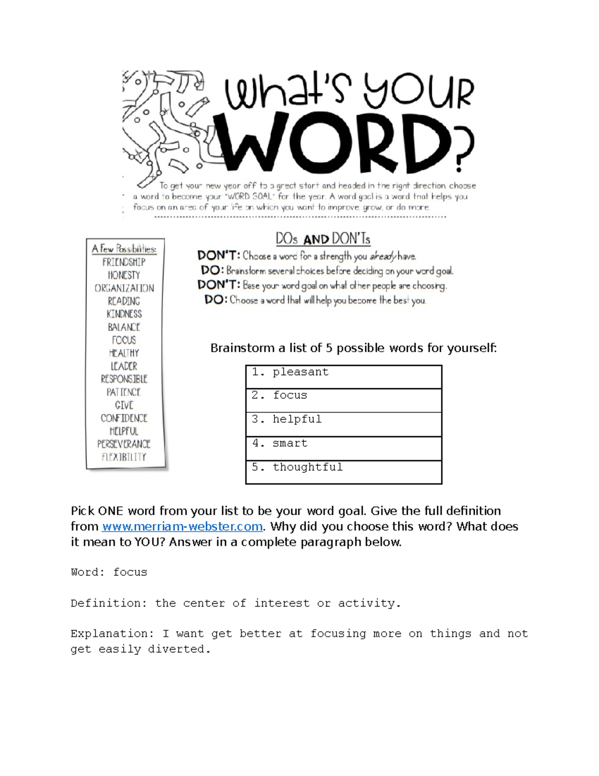 What's Your Word Activity jan5 - Brainstorm a list of 5 possible words ...