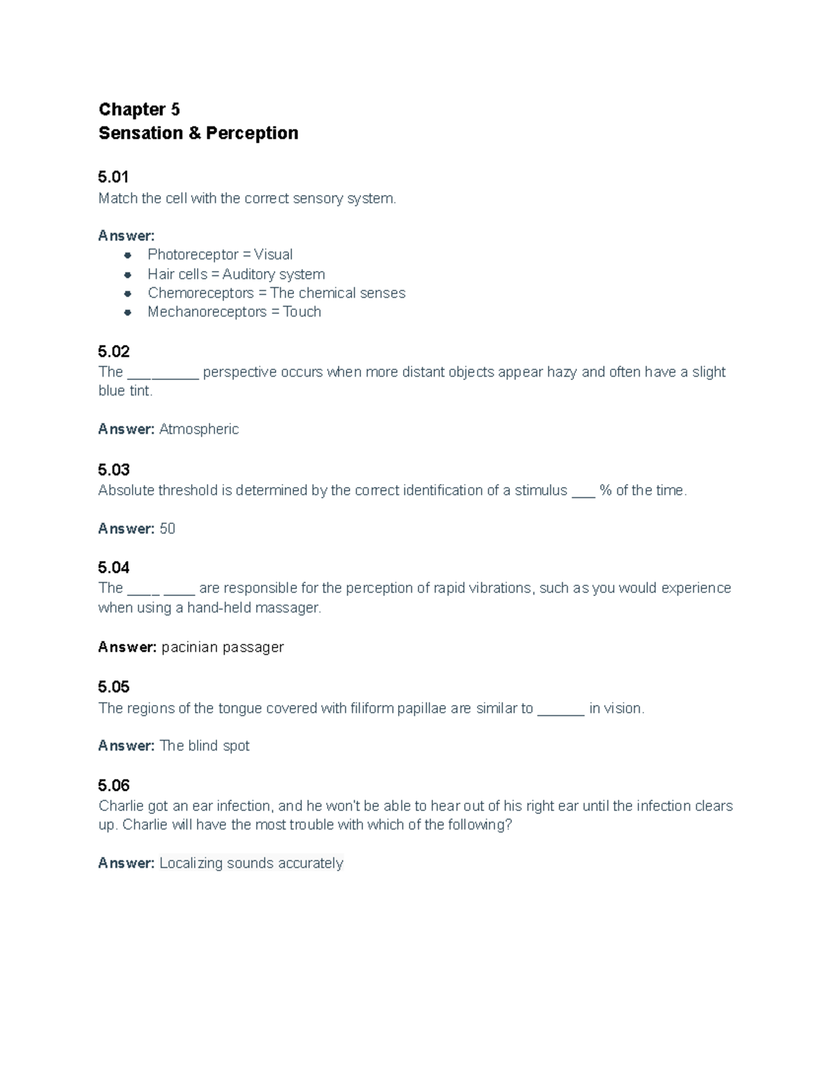 Psychology 104 Chapter 5 Homework Assignments - Chapter 5 Sensation ...