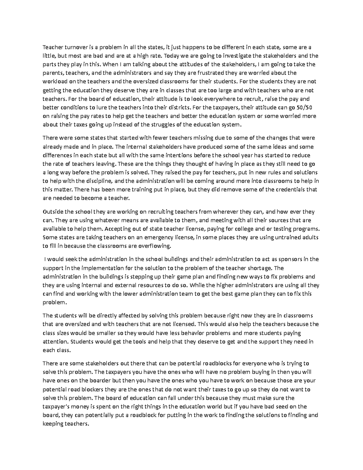 Perissi Anne Bus 470 week 3 - Teacher turnover is a problem in all the ...