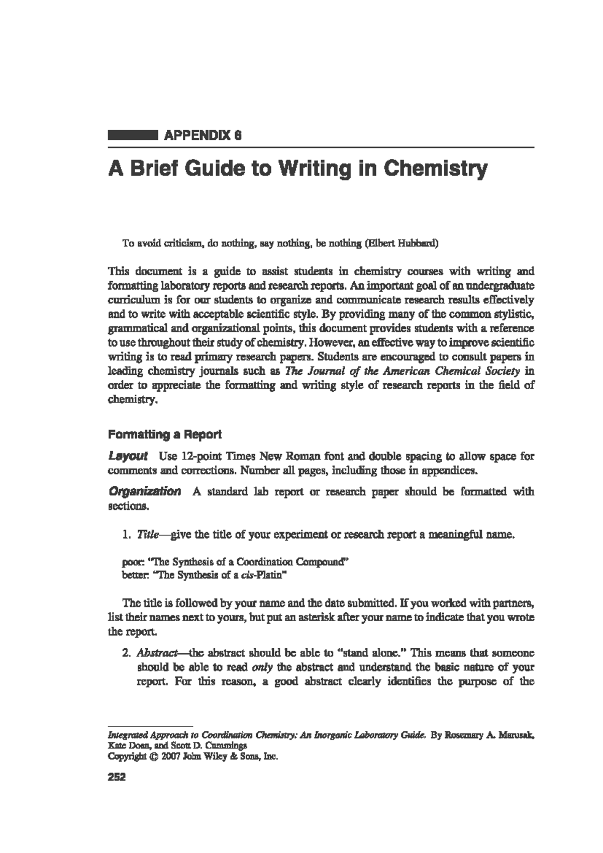 A Brief Guide to Writing in Chemistry (taken from An Integrated ...
