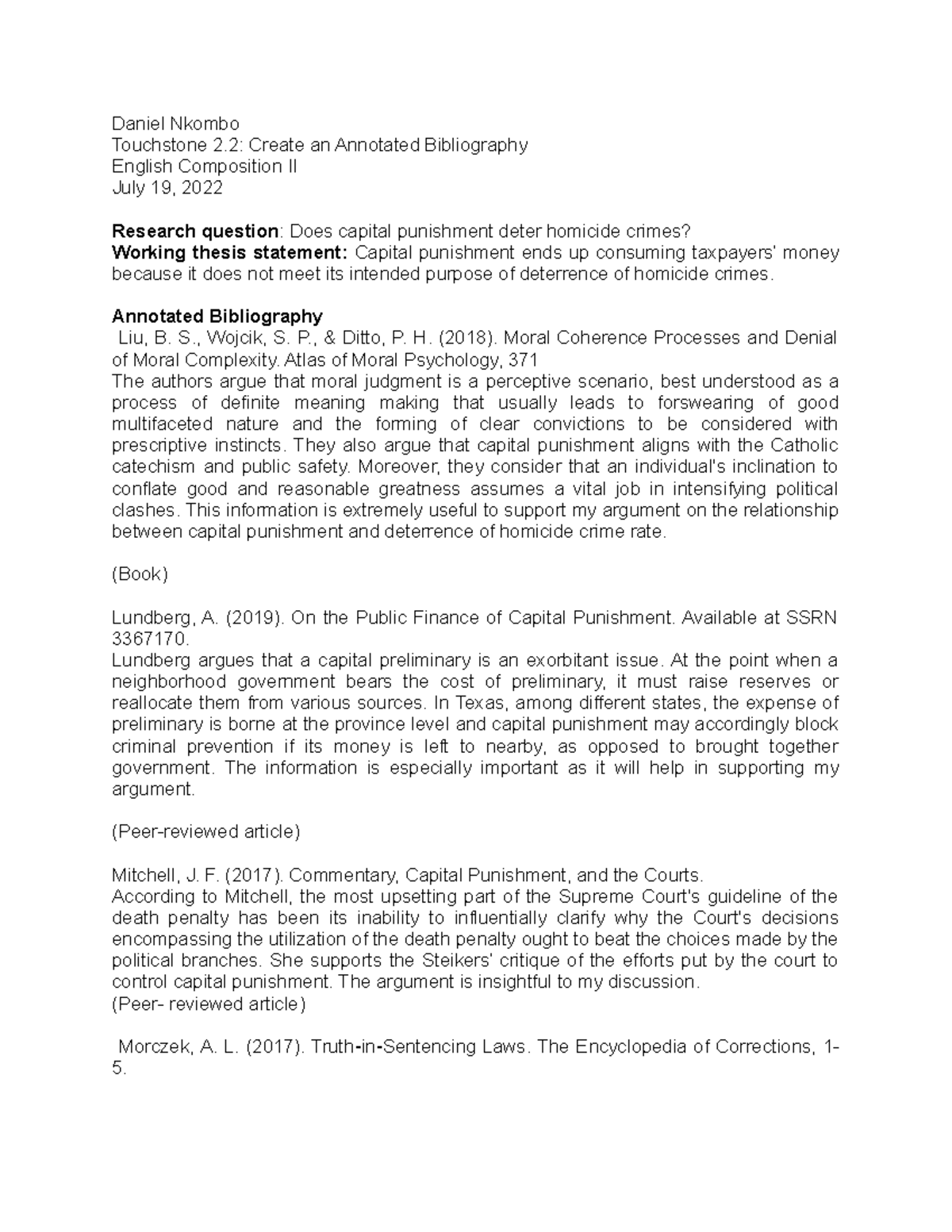 Engl comm II - English Composition1 - Daniel Nkombo Touchstone 2: Create an Annotated ...