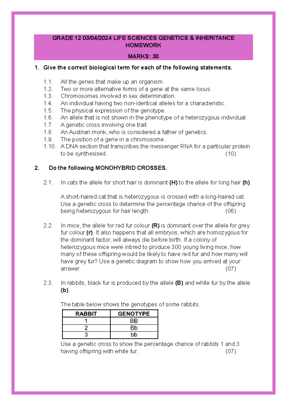 Genetics Homework - GRADE 12 03/04/2024 LIFE SCIENCES GENETICS ...