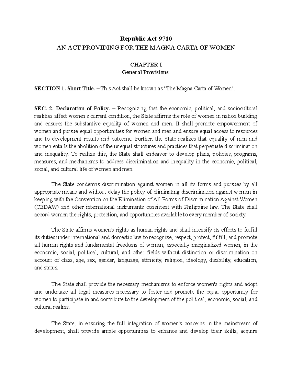 RA 9710 Magna Carta of Women - Social Psychology - Studocu